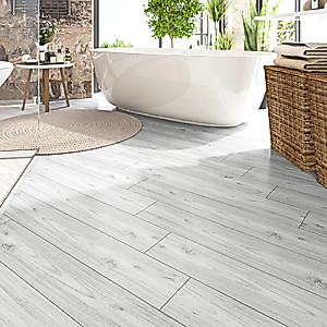 FunStick 6"x36" Peel and Stick Flooring Planks White Wood Vinyl Flooring Peel and Stick Floor Tile White Grey Wood Vinyl Plank Flooring Waterproof Sticky Tiles for Floor Bedroom Bathroom Kitchen 5 Pcs