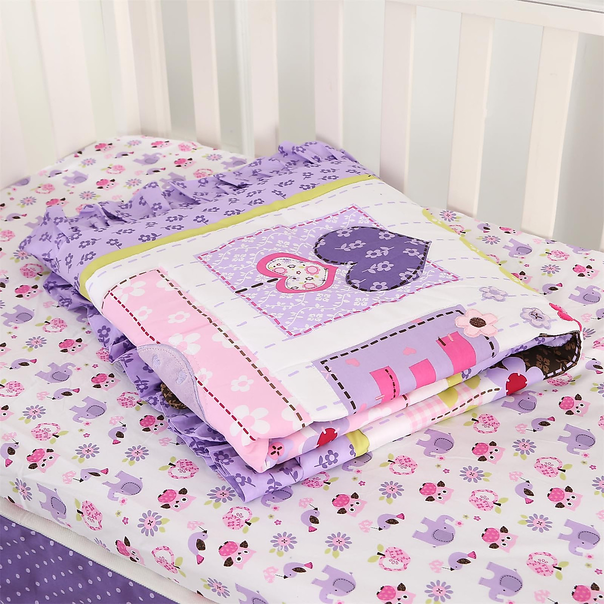 Wowelife Elephant Crib Bedding Set 100% Cotton 3-Piece Baby Bedding Set Purple Elephant Owl Nursery Bedding Set Crib Sheet Sets for Boy and Girl