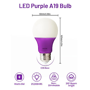 MCDYLUK LED A19 Purple Light Bulbs, 9W (60W Equivalent), E26 Base LED Purple Bulb, Non-Dimmable, Halloween Decoration, Party Decoration, Porch, Front Door, Home Lighting, Holiday Lighting, Pack of 3