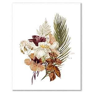 Flower Wall Art, Vintage Fall Nature Print, Floral Botanical Watercolor in Shades of Purple Brown Rust Green and White, Rustic Antique Country Farmhouse Decor for your Living Room. Unframed 11 X 14.