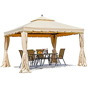 Erommy 10' x 12' Outdoor Canopy Gazebo, Double Roof Patio Gazebo Steel Frame with Netting and Shade Curtains for Garden, Patio, Party Canopy, Beige