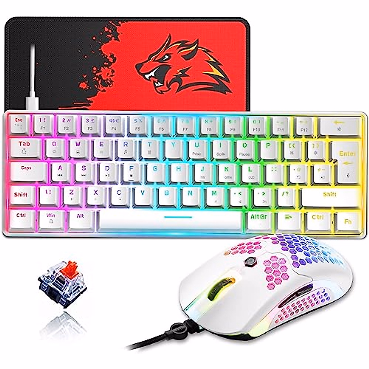 SELORSS ZIYOULANG T60 60% Compact Mechanical Gaming Keyboard RGB Chroma Type C Ergonomic Mini Keyboard UK Layout 12000DPI Gaming Mouse Honeycomb Shell for PC/PS4/PS5/Xbox(Red Switch)