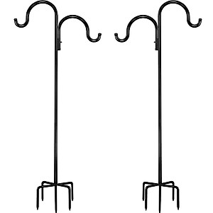 Outdoor Double Shepherds Hook/Bird Feeder 5/8 in Pole with 5 Shakes Base, DUYKQEM 92 inch Heavy Duty Garden Hanging Plant Stand 2 Pack, Outside Holder Hanger for Lanterns Light,Wedding Flower Basket