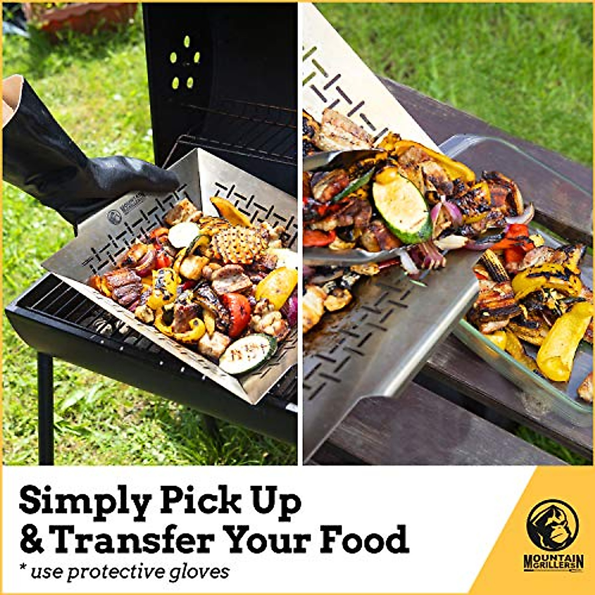 Mountain Grillers Veggie Grill Basket - Heavy Duty Vegetable Grilling Basket also for Fish Meat and Shrimp - Suitable for All Grills BBQ & Smokers - Stainless Steel - 12 Inch vegetable bbq pan