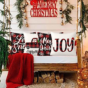 Veilpuo Christmas Pillow Covers 18 x 18 Inch Set of 4 for Christmas Decoration Farmhouse Black and Red Buffalo Plaid Pillow Case for Christmas Home Office Sofa Couch Bed Decoration