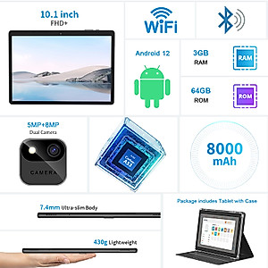 HISORL Android Tablet, 10 inch Android 12 Tablet, 3GB RAM 64GB ROM 512GB Expand, 8000mAh Battery, WiFi, Bluetooth, Dual Camera, HD Touch Screen, GMS Certified(Silver)