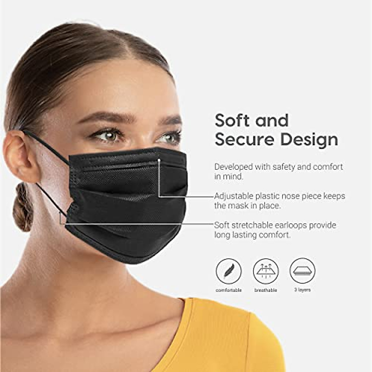 IRIS USA (Made in USA) Disposable Face Masks, 100 Piece (50 Piece - 2 Pack), Premium 3Ply Masks, Breathable, Comfortable, Soft Ear loops, Soft on Skin, 3 Layer Construction for High Protection, Black