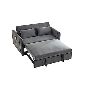 Mbolyeer 54" Modern Convertible Sleeper Sofa Bed, Velvet Loveseat Sofa Couch w/Pull-Out Bed, Seat with Adjustable Backrest, Lumbar Pillows, and Living Room Side Pockets, Gray