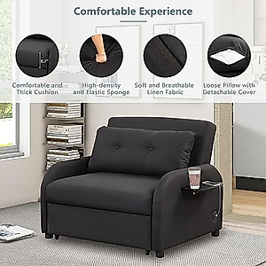 3-in-1 Pull Out Sleeper Couch Bed Adjustable Backrest Single Recliner for Lounge, and USB Charge for nap line Fabric for Lounge, Reading, Sleeping, Black