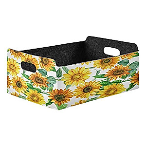 Kigai Sunflower Storage Bins with Handles Felt Fabric Collapsible Storage Basket Organizer Drawers Storage Boxes for Shelf Closet Bedroom (14x5x10Inch)
