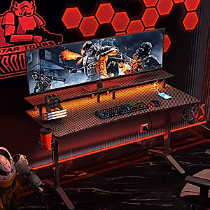 SEVEN WARRIOR Gaming Desk 55INCH with LED Lights & Power Outlets, Carbon Fiber Surface Computer Gamer Desk with Full Desk Mouse Pad, Ergonomic Y Shaped Leg Gamer Table with Monitor Stand