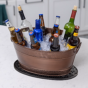 BREKX Copper Finish Drink Tubs + Insulated Party Mats for Parties, Oval Ice Buckets for Parties (Set of 2 tubs + 2 Bar Mats), Drink Buckets for Parties with Drip Mat for Cocktail Bar