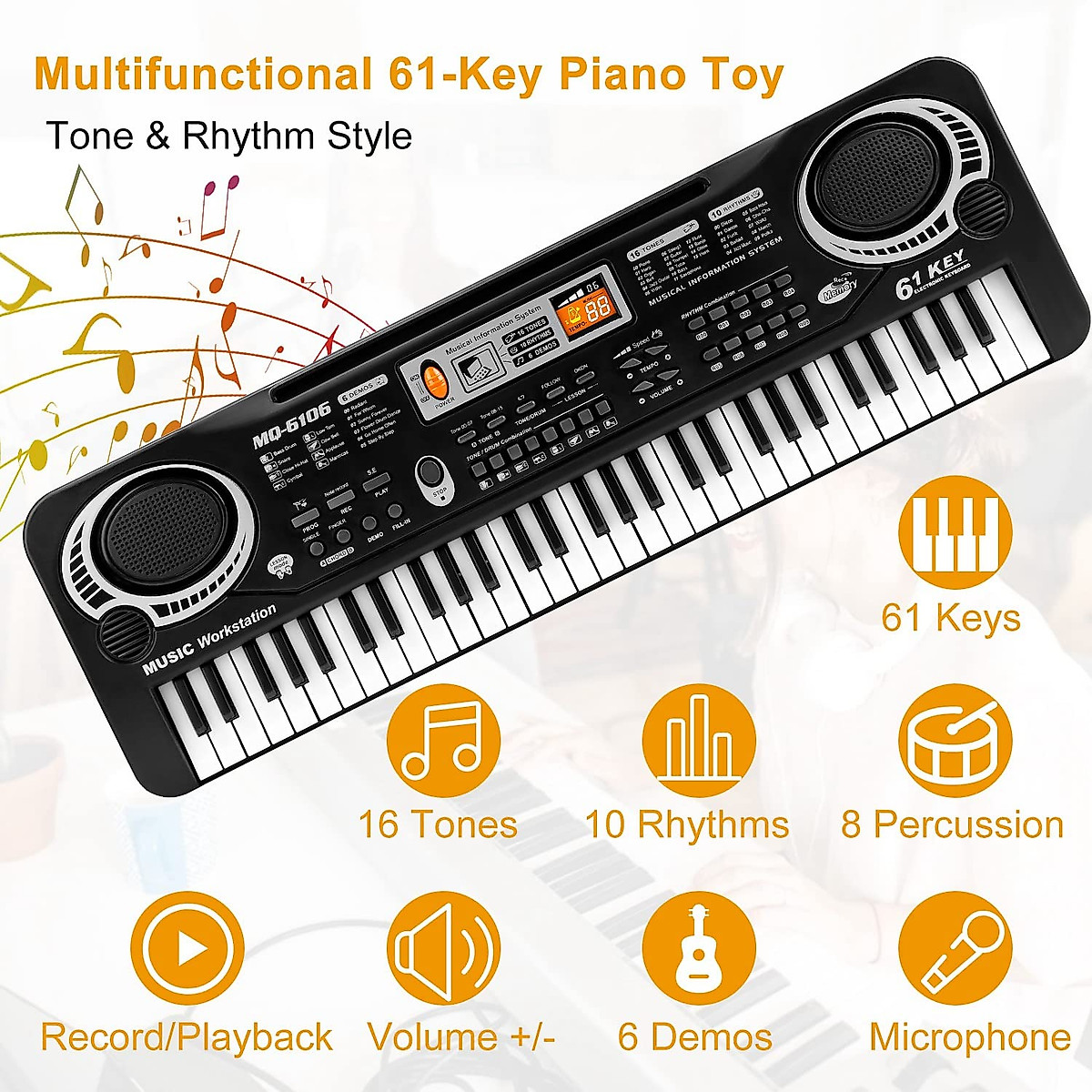 KOCASO Piano Keyboard 61 Keys Digital Music Electronic Keyboard Electric Piano Musical Instrument Kids Learning Keyboard with Microphone For Beginners Kids Girls Boys