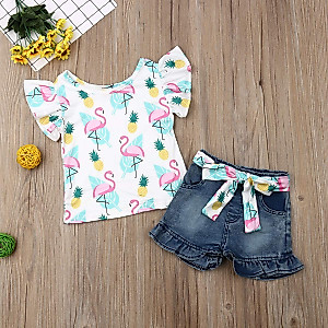 2Pcs/Set Fashion Toddler Kids Baby Girl Boy Summer Outfits Sleeveless Tassel T-Shirt Top+Floral Shorts Clothes Set 6M-5T (Flamingo, 4-5 Years)
