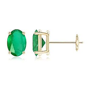 ANGARA Natural 1.32 Ct Emerald Solitaire Studs Earrings for Women in 14K Yellow Gold (Grade-A | Size-7x5mm) | May Birthstone, Birthday, Anniversary, Wedding Jewelry Gift For Women