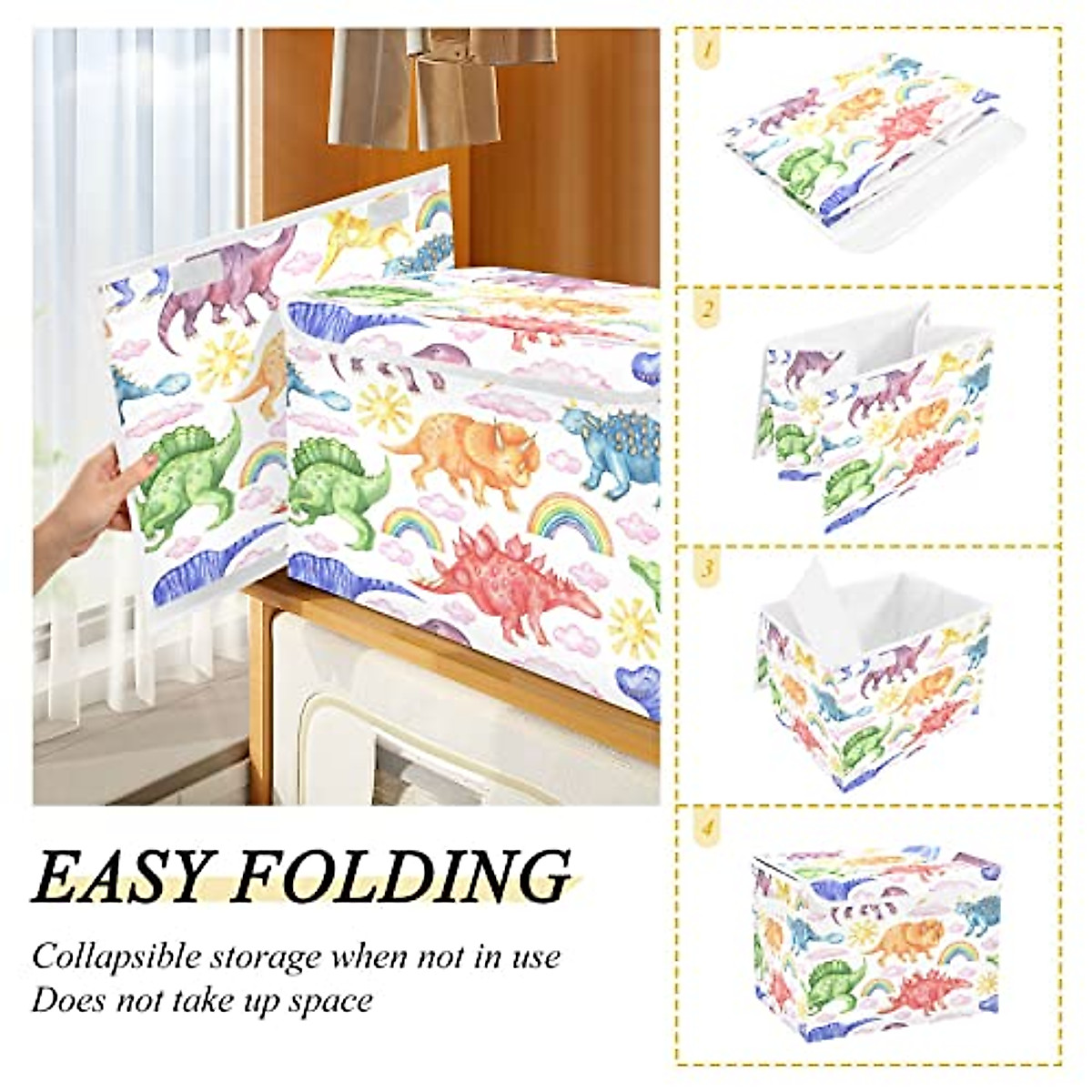 Kigai Colorful Dinosaurs Storage Basket with Lid Collapsible Storage Bin Fabric Box Closet Organizer for Home Bedroom Office 1 Pack