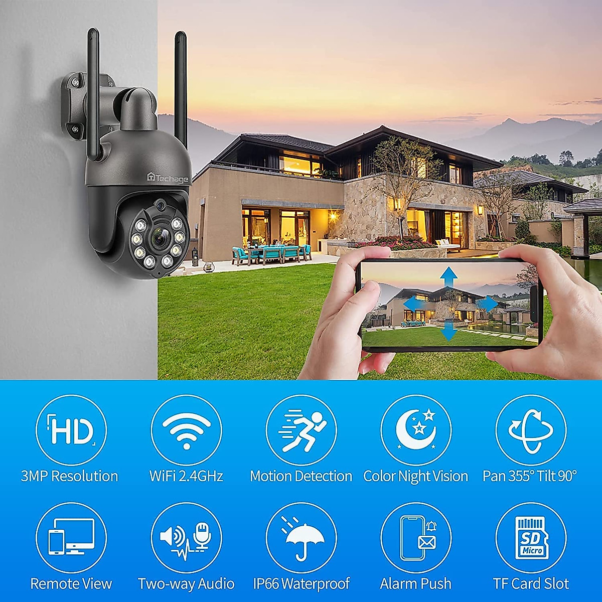 Techage PT815G, Plug-in, Pan Tilt Security Camera Outdoor, Auto Tracking, 3MP, 360° View, WiFi, 2 Way Audio, Color Night Vision with Floodlights, IP66 Waterproof, SD Card/Cloud Storage, Grey