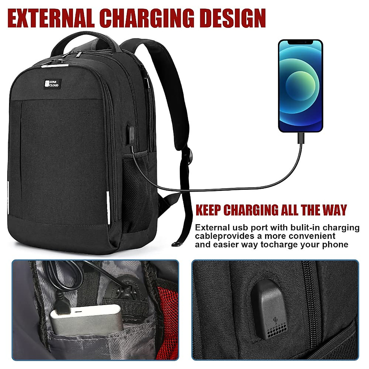 Anti-Theft Travel Laptop Backpack - 15.6 Inch Water Repellent Work Bookbag with USB Charging Port - Durable College School Casual Daypack Fits 15.6 Inch Laptop for Men/Women Black