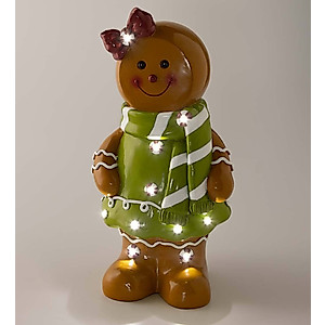 Plow & Hearth Indoor/Outdoor LED Light-Up Christmas Gingerbread Girl Shorty Statue, LED Lights with Auto-Timer, Sweet Details, Holiday Accent, Battery-Operated, 9" L x 7¾"W x 18" H