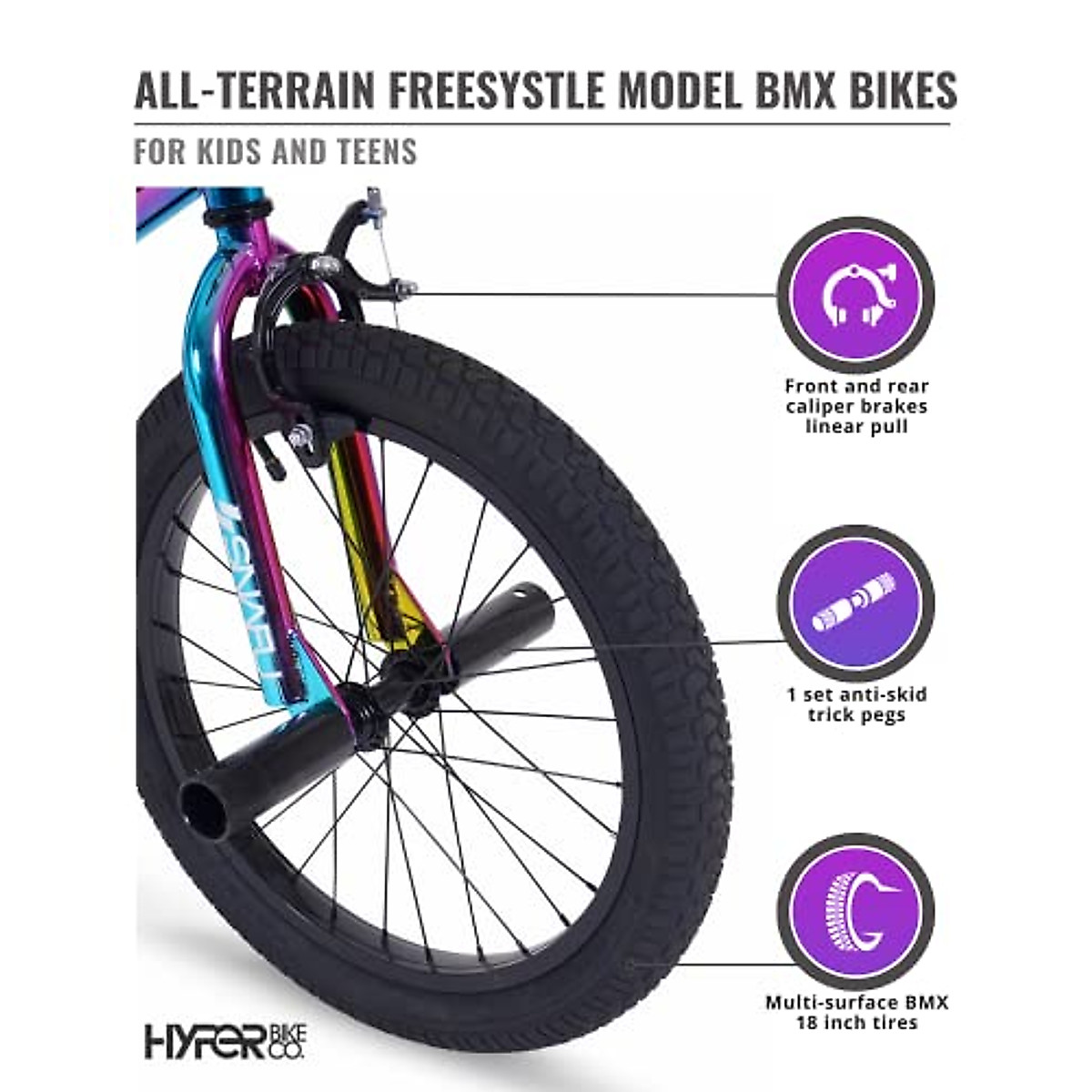 Hyper BMX Bike 18 Inch. BMX Bike for Kids Age 7-13 yrs Old, Single Speed, Front and Rear Caliper Brakes, Steel BMX Frame. 360 Handlebar Rotation. Bike Park Ready BMX Bicycle. Jet Fuel Finish