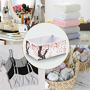 Poeticcity Red Pink Japanese Cherry Blossom Flowers Black Trunk on White Square Storage Basket Bin, Collapsible Storage Box, Foldable Nursery Baskets Organizer for Toy, Clothes Easy to Assemble