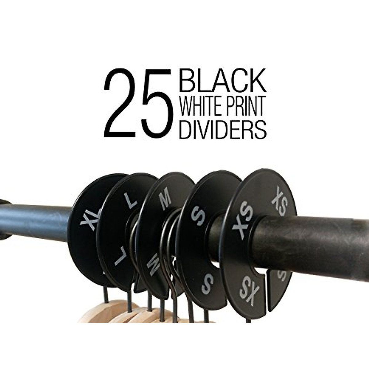 NAHANCO CBWKIT2 Black Round Clothing Size Divider with White Print for Home or Clothing Store, XS-XL, Kit of 25 (5 Sizes of 5 Each), Black w/White Print