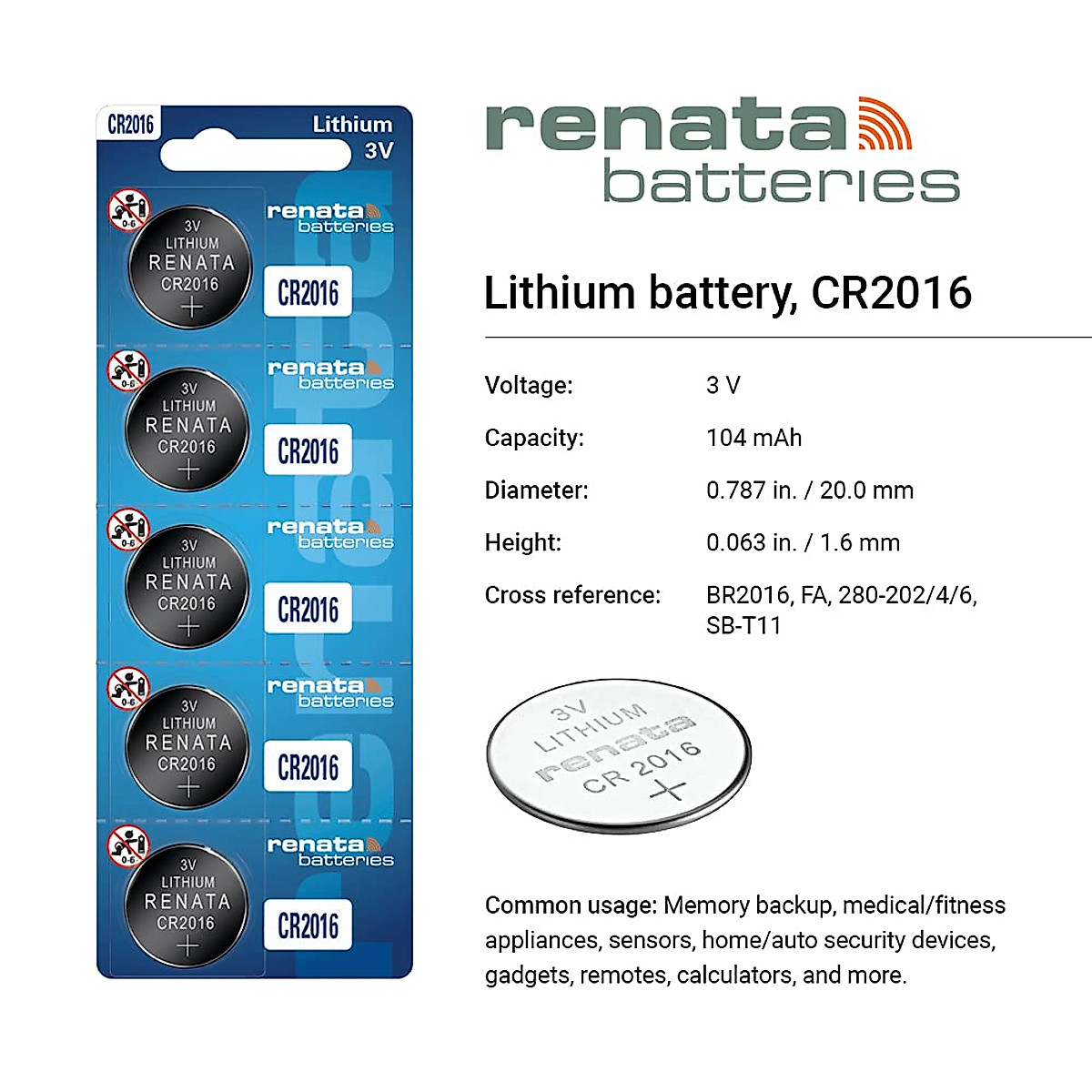 Renata CR2016 Batteries - 3V Lithium Coin Cell 2016 Battery (5 Count)