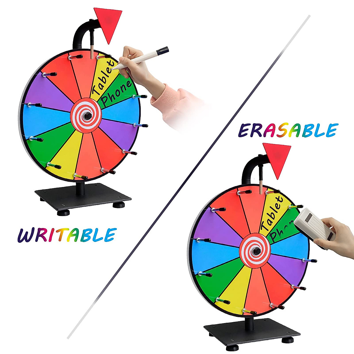 iElyiEsy 12 Inch Spinning Wheel for Prizes 12 Slots Spinner with Stand, Dry Erase Marker and Eraser for Trade Show Carnival Party Pub Fortune Game