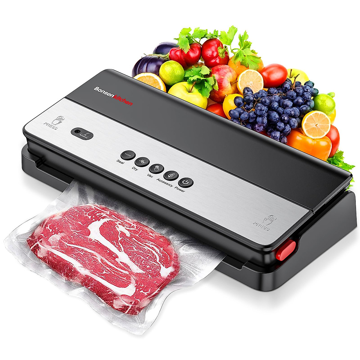 Bonsenkitchen Vacuum Sealer Machine, Multi-Functional Food Sealer, Built-in Cutter & Bag Storage, Globefish Technology for High-Speed Continuous Working, Food Vacuum Sealer with Vacuum Bags & Roll Bag