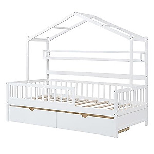 Aiuyesuo Twin Size House Bed with 2 Drawers, Wooden Kids Bed Frame with Storage Shelf, Montessori Playhouse Bed with Roof and Fence for Boys Girls, Space-Saving (White-K11)