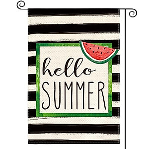 AVOIN colorlife Watercolor Stripes Hello Summer Watermelon Garden Flag Double Sided Outside, Holiday Party Yard Outdoor Decoration 12 x 18 Inch