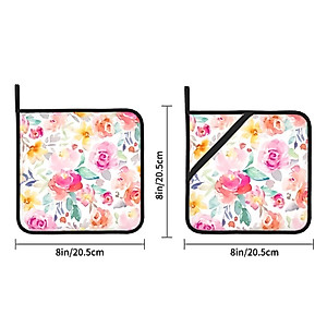 Colorful Flowers Pot Holders Set Heat Resistant Non Slip Oven Hot Pads with Hand Pockets and Hanging Loops for Kitchen Baking Cooking,Set of 2