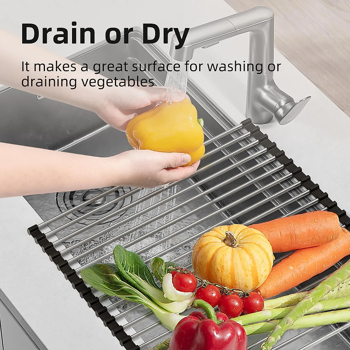 NEZUIBAN Dish Drying Rack with Roll Up and Over Sink for Kitchen,17.2"x11.8",Black