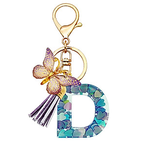 TTYY Initial Letter Keychains for Girls Women Pink Purple Green Cute Butterfly Heart Keychain for Backpack School Bag (purple heart Letter D)