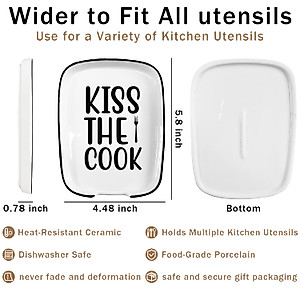 Hvukeke Ceramic Spoon Rest for Stove Top, Funny Kiss the Cook White Spoon Holders for Kitchen Counter, Modern Farmhouse Kitchen Cute Decor