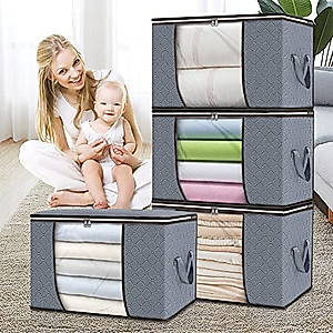 90L Large Storage Bags - 4 Pack Clothes Storage Bins, Foldable Closet Organizer Storage Containers with Durable Handles and Thick Fabric for Comforters, Clothing, Blanket, Bedding and Toys (Grey)