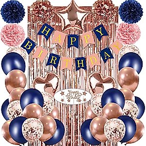 Navy Blue Rose Gold Happy Birthday Party Decorations Kit for Women Girls Men, Banner, Flower Pompoms, Fringe Curtain, Cake Topper, Foil Balloons for 16th 18th 21st 30th 40th 50th 60th Party Supplies