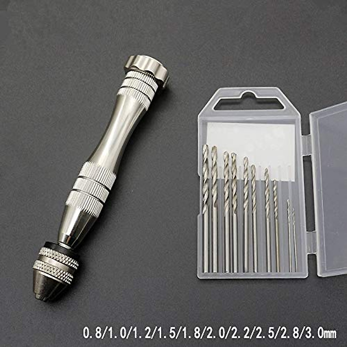 KINGFOREST Pin Vise Hand Drill for Resin Casting Molds, Steel Hand Drill with 20 PCS Drill Bits (0.8-3 mm), for Wood, Manual Work DIY, Jewelry, Assembling, Model Making（Silver）