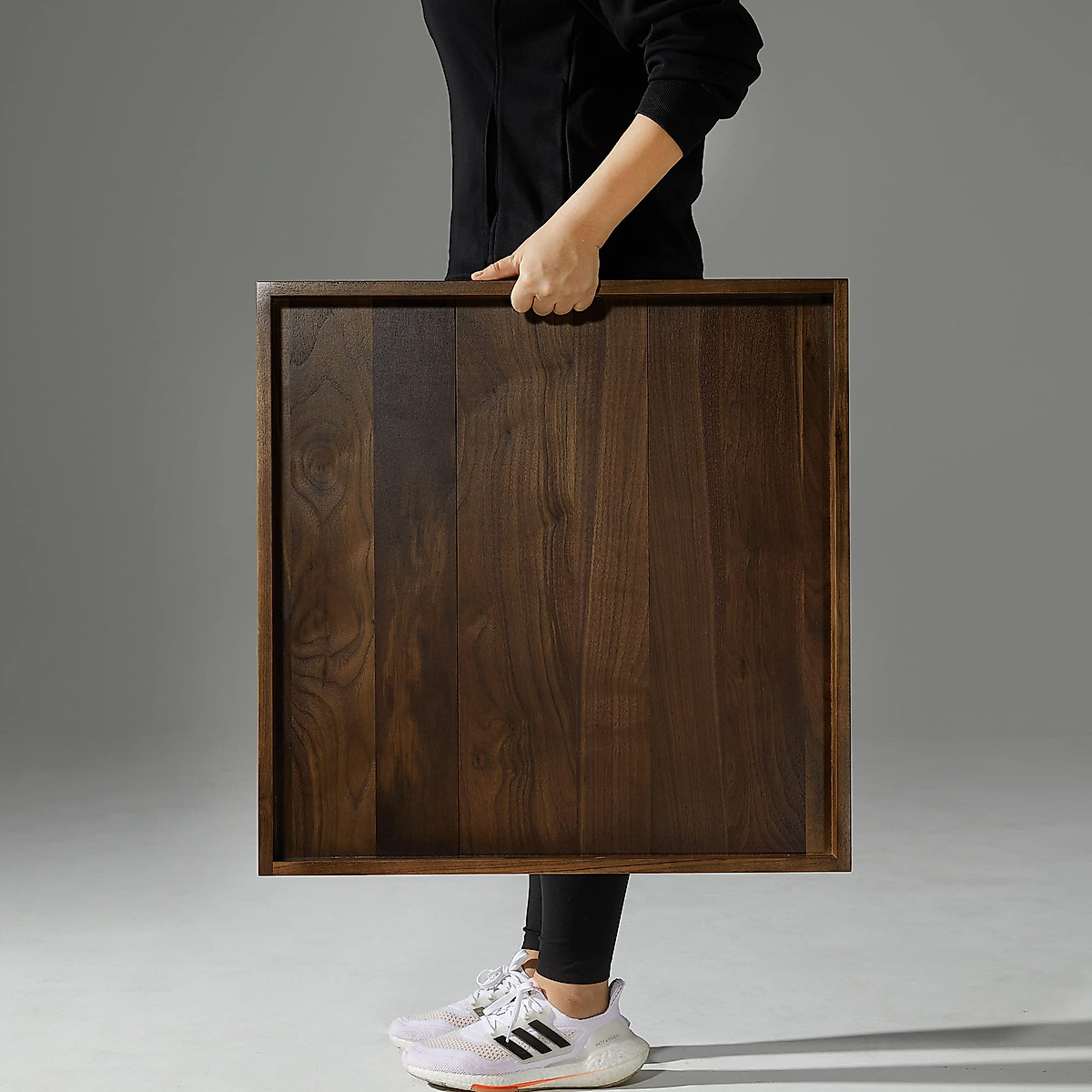 KINGCRAFT 24 x 24 inches Black Walnut Extra Large Ottoman Tray Wood Trays with Handles Square Wooden Solid Serving Tray for Oversized Ottoman Living Room