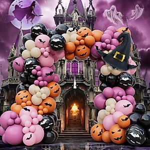 196Pcs Halloween Balloons Garland Arch Kit with Spider Ghosts Foil Balloons Pink Black Orange Sand White Balloons for Kids Halloween Spooky Costume Party Decorations