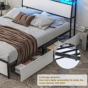 Queen Metal Headboard and Frame, Bed Frame and Headboard, Storage bed with LED Storage Headboard and 4 Storage Drawers, Charging Station, No Box Spring Needed, Noise Free, Easy Assembly-White