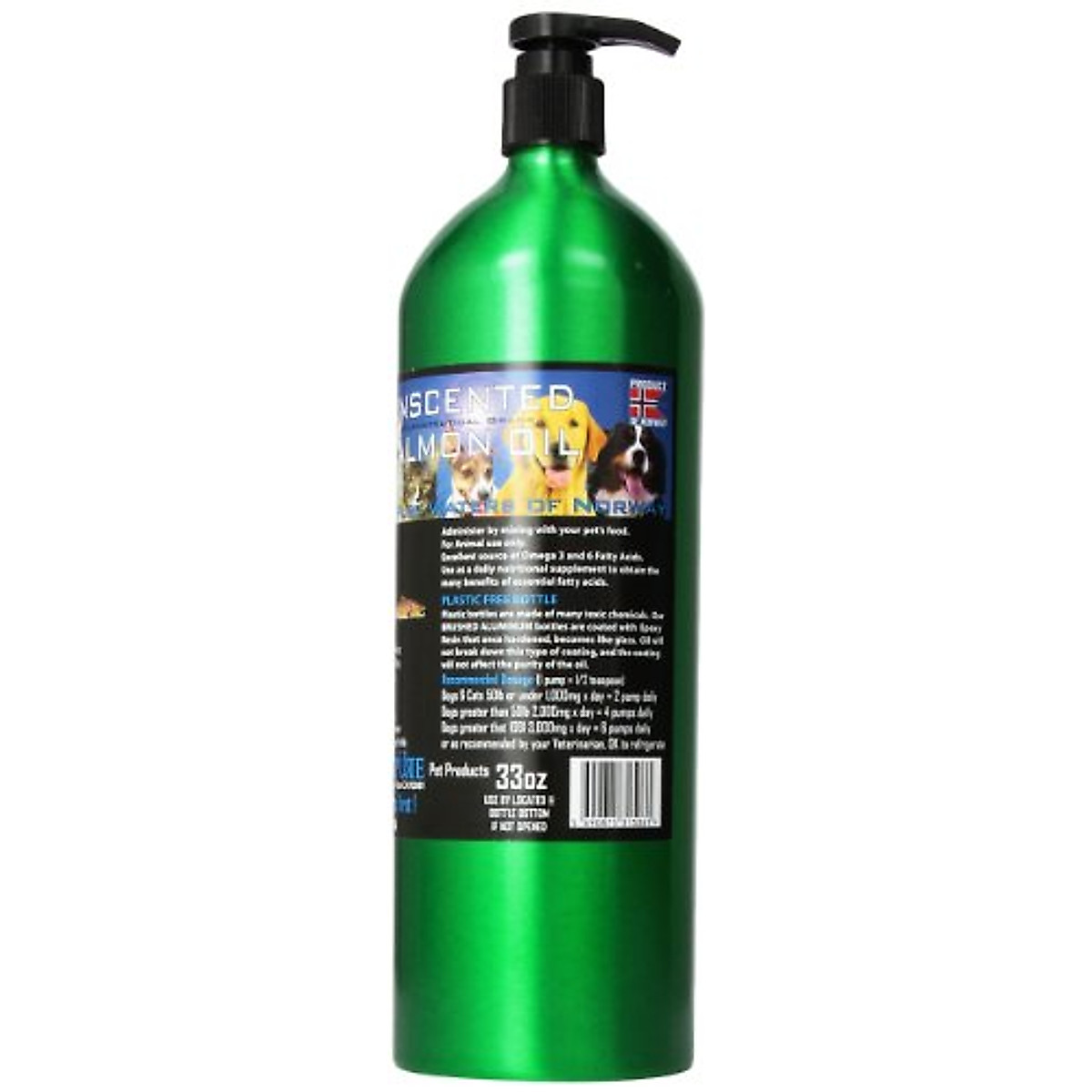Iceland Pure Unscented Pharmaceutical Grade Salmon Oil - Pure Omega 3, Liquid Food Supplement For Dogs and Cats - BPA-Free Brushed Aluminum Epoxy coated Bottle with Pump 33oz (Pack of 1)