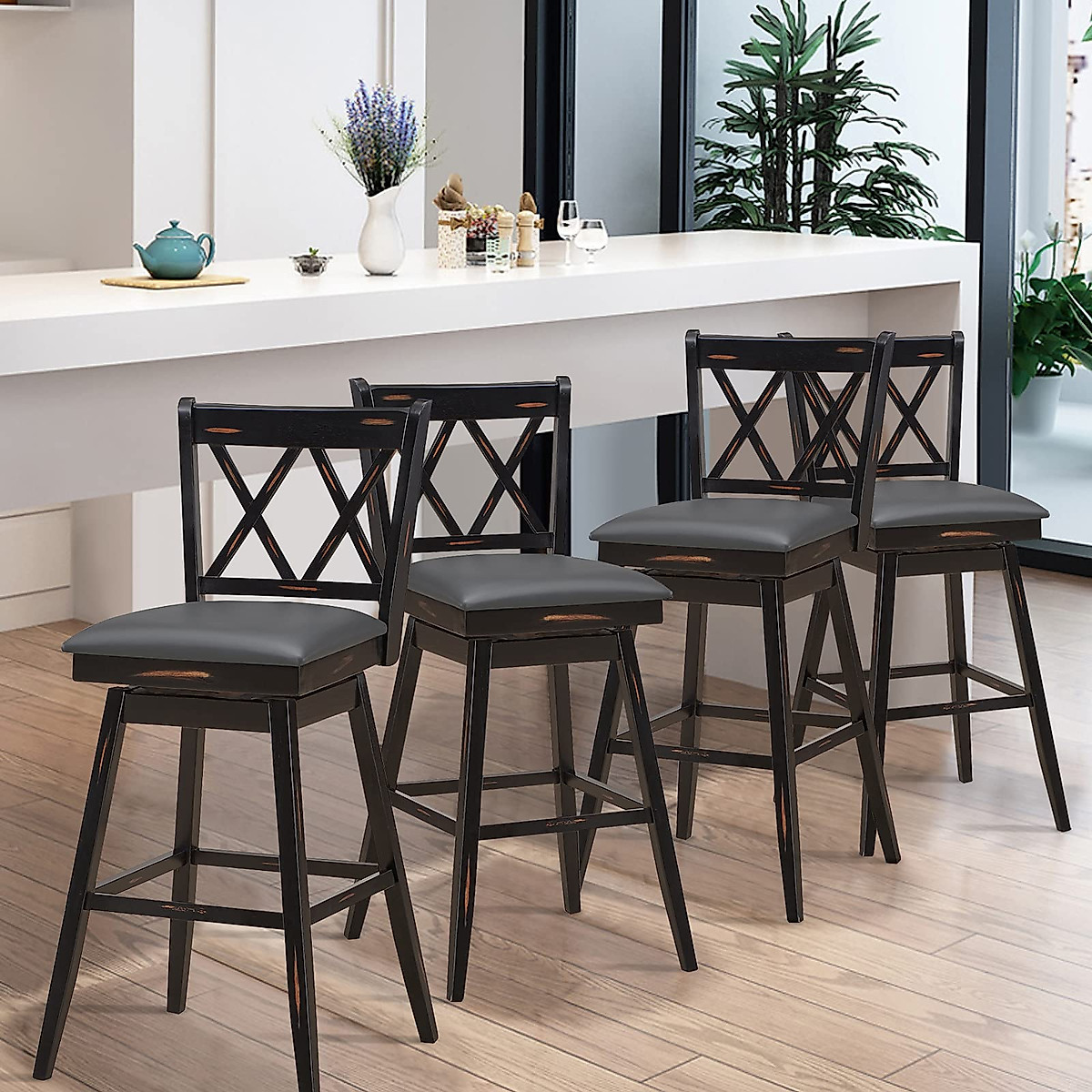 COSTWAY Bar Stool Set of 2, 360 °Swivel Counter Height 29.5 inch Bar Stool with Foot Rest Upholstered Cushion & Ergonomic Backrest, Premium Foot Rest & Sturdy Frame (4, Black + Grey)