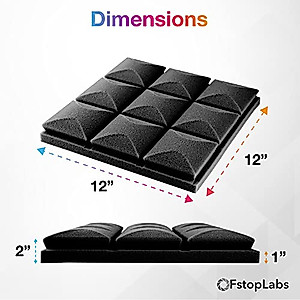 Fstop Labs Acoustic Foam Panels, 12 Pack Black 2'' X 12" X 12" Mushroom Studio Wedge Tiles, Sound Panels Sound Proof Foam Panels Sound Proofing Padding For Wall