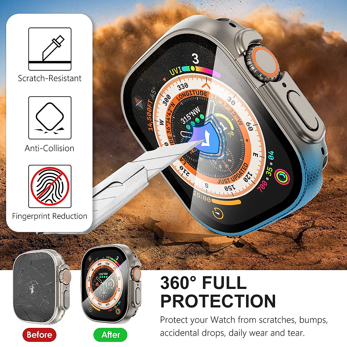 Wingle 2 in 1 Waterproof Case for Apple Watch Ultra 2 Screen Protector 49mm Case Cover, 2 Pack 360 Protective Glass Face Cover Hard PC Bumper + Back Frame for iWatch Ultra/Ultra 2 49 mm, Titanium