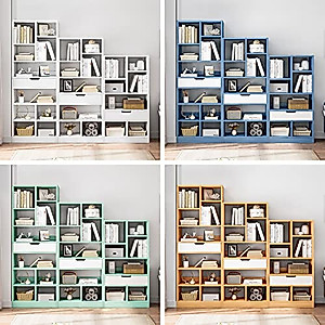 IOTXY Wooden Open Shelf Bookcase - 71 Inches Tall Freestanding Display Storage Cabinet Organizer with 10 Cubes and a Drawer, Floor Standing Bookshelf in Bright Blue