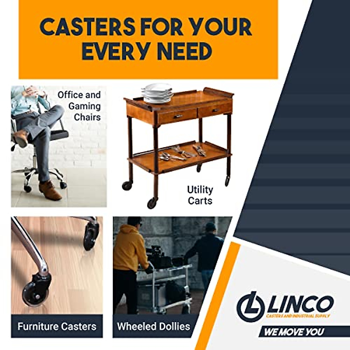 Linco 3” Heavy Duty Swivel Office Chair Wheels - Set of 5 Polyurethane Furniture Wheels with 11mm Stem Size - Replacement Wheels for Office Chair, Gaming Chairs - Capacity: 600 lbs