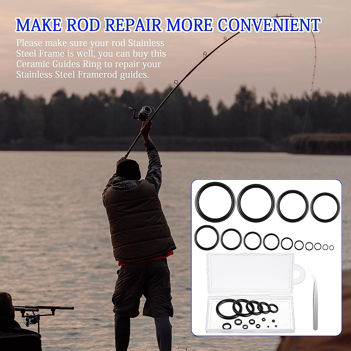 Fishing Rod Guides Repair Kit 15 Sizes Stainless Steel Ceramic Fishing Rod Guides Fishing Rod Eyelet Repair Kit with Stainless Steel Tweezer for Fishing(30 Pieces)