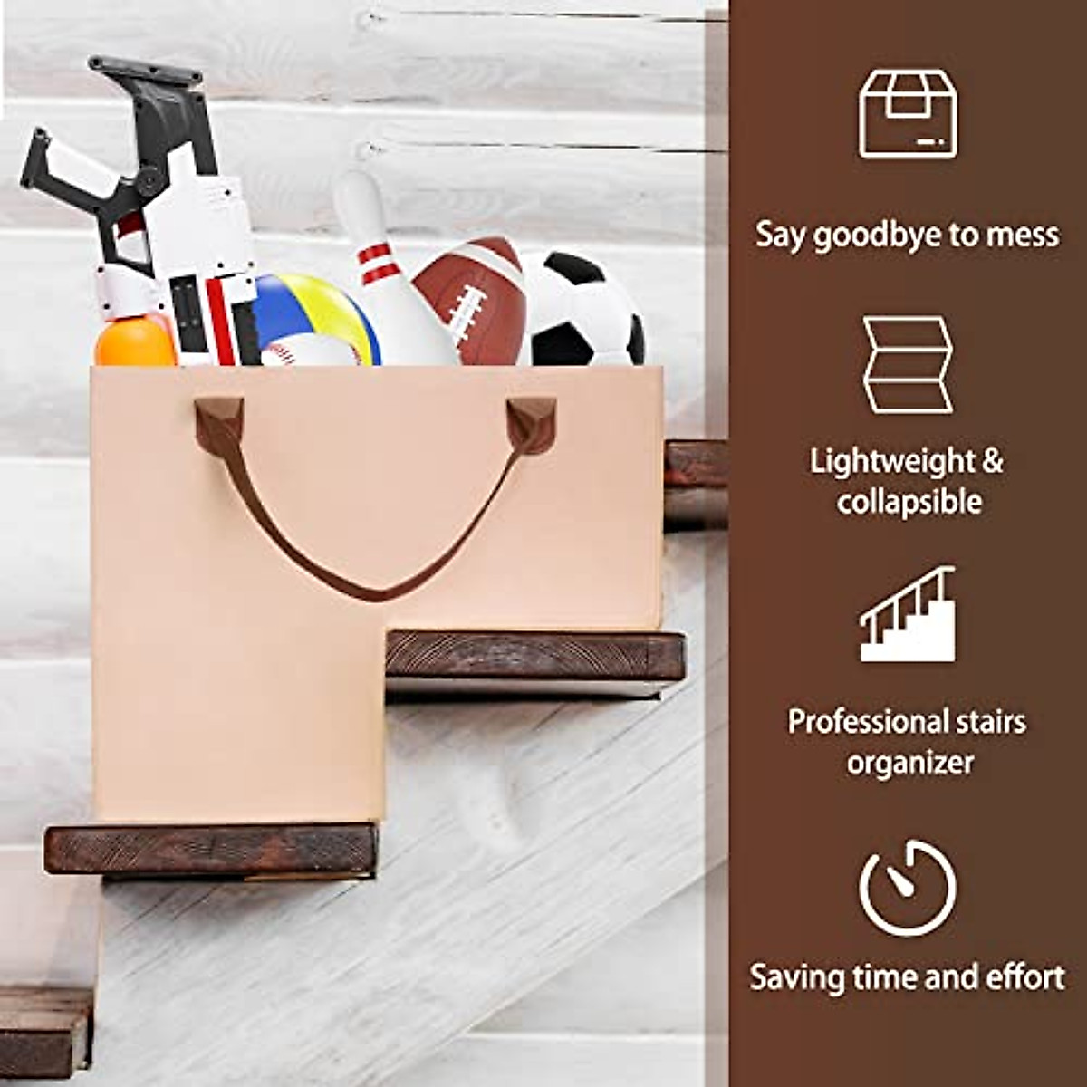 2 Pack Stair Basket with Handle, Foldable L-Shape Felt Storage Basket with 4 Pcs Supporting Insert for Carpeted Stairs, Large Staircase Organizer with Handle for Toys, Laundry, Household Items (Beige)