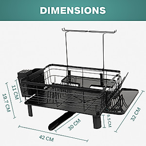 KitchNcure Large Dish Drying Rack for Kitchen Counter - Adjustable Height Dish Rack Over Sink with 12" Extended Spout & 4-Channel Drainboard - Kitchen Sink Organizer with Utensil Holder & Cup Hangers